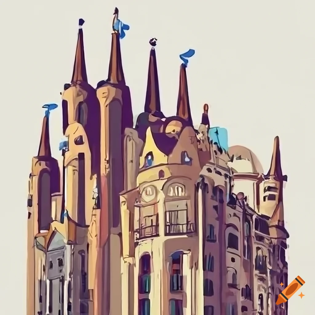 Cartoon painting barcelona cityscape with white background on Craiyon