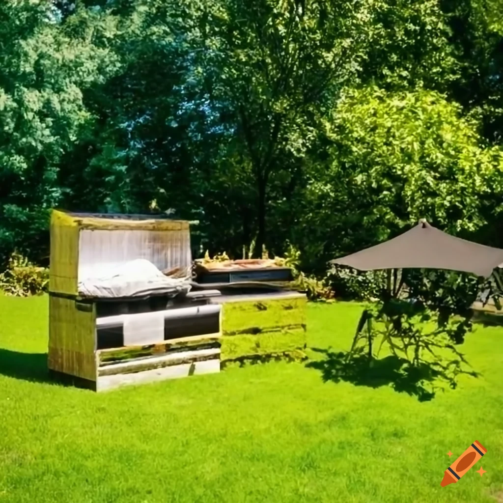 Backyard bbq bright sunlight green grass blue sky sun out