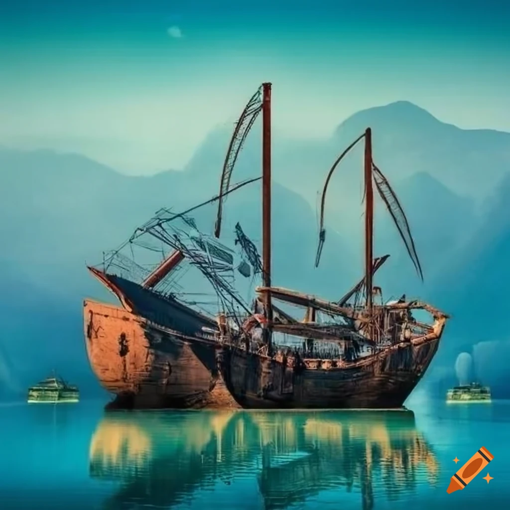 An old trading ship in a chinese landscape