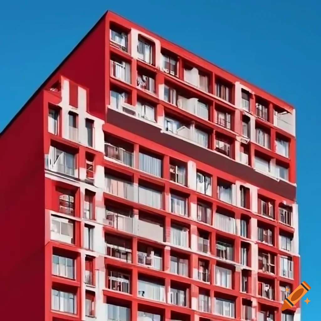 The facade of a 5-story residential building with red and white bricks ...
