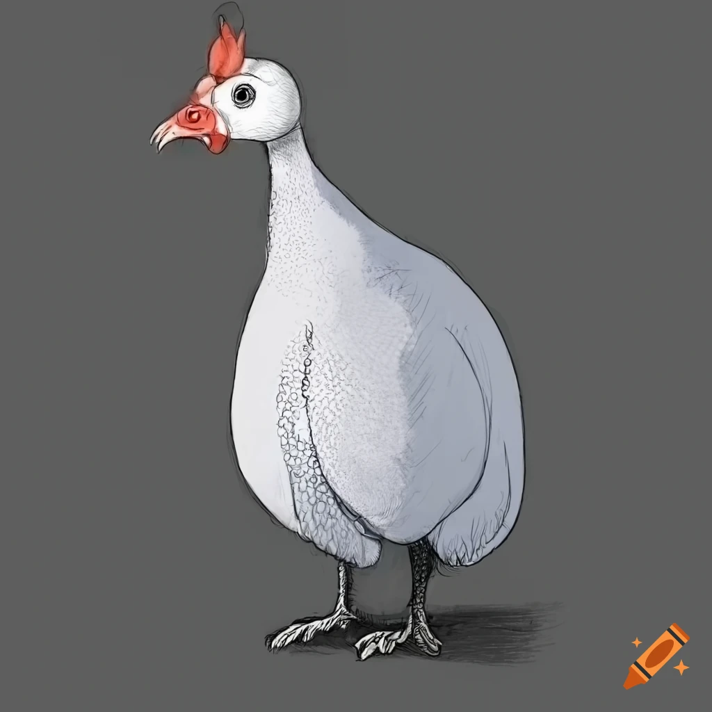 A sketch of a guinea fowl, full white body, left to right angle, pencil ...