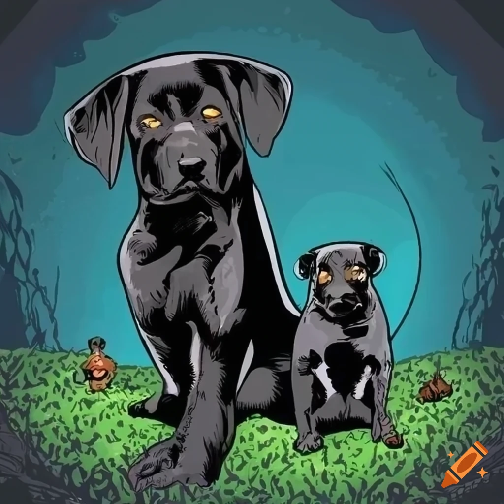 Marvel comic book style black lab and puppies in a field on Craiyon