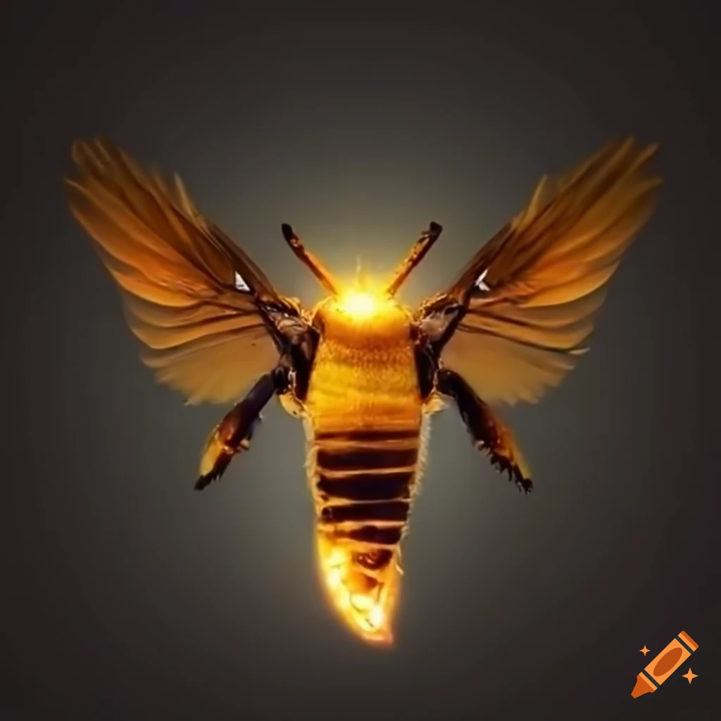 Massive bee with golden wings and glowing wings, flying on Craiyon