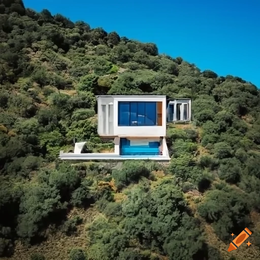 Shipping container home on a hillside in greece,photorealistic,high ...