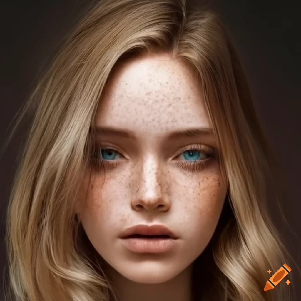 Beautiful young woman shoulder-length dark blonde hair very light freckles on Craiyon
