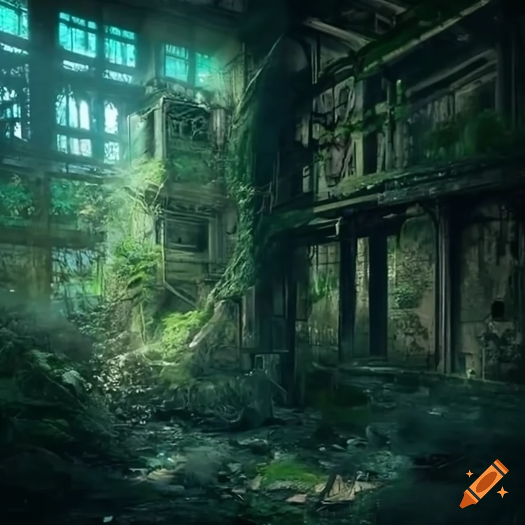 The inside of a beautifully overgrown abandoned ruin of a factory