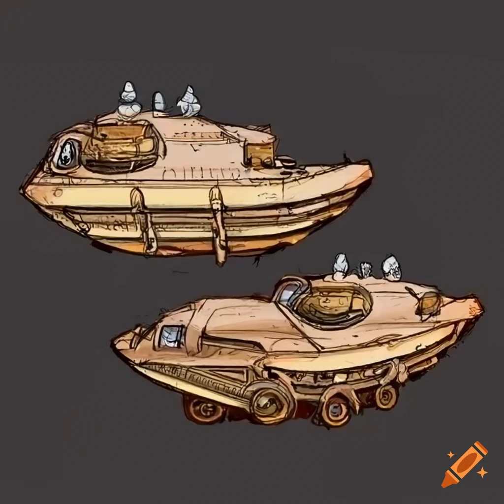 A sketch of an amphibious vehicle that can also fly in steampunk style ...
