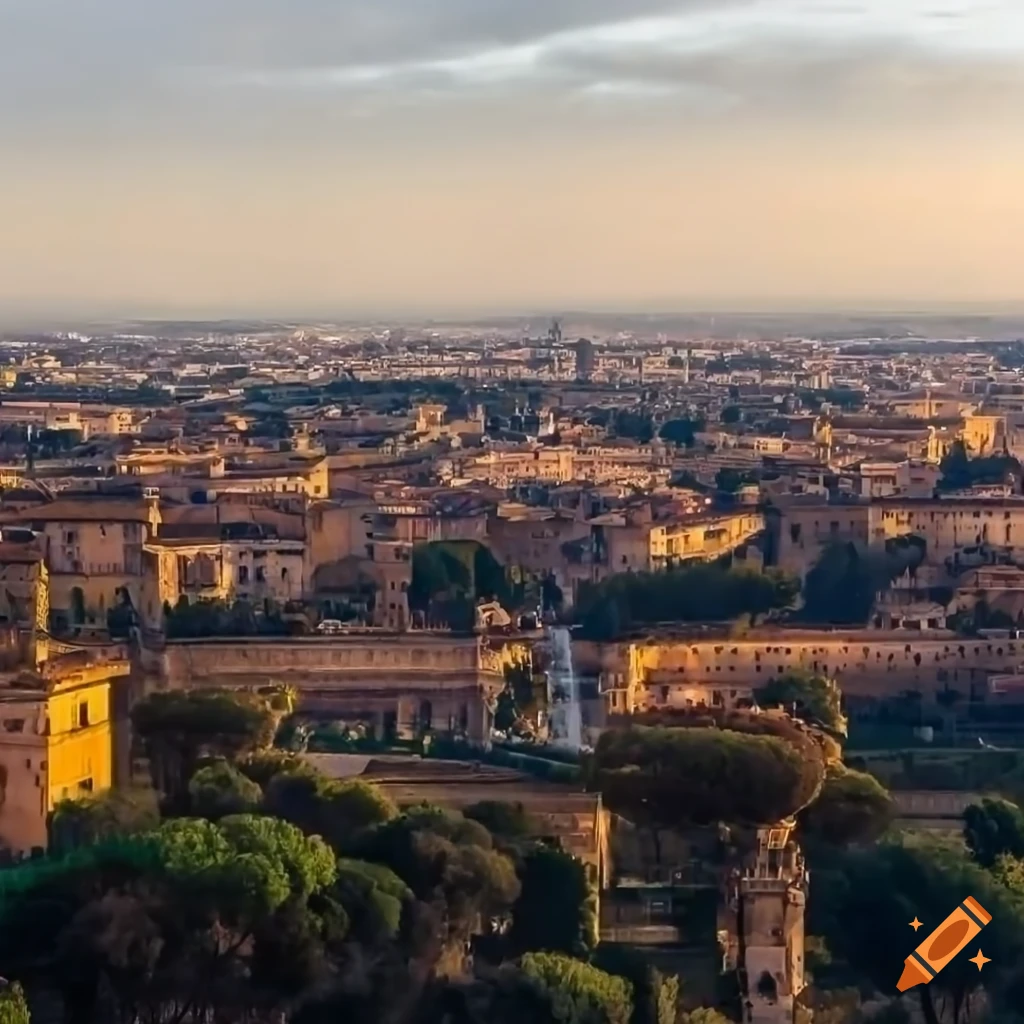 Aerial view from 1,591 ft, Landscape of Rome, Italy. Morning, cloudy ...