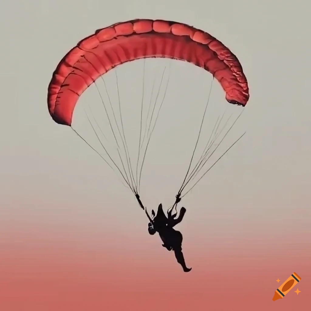 Red sumi-e ink stroke resembling a paraglider in flight
