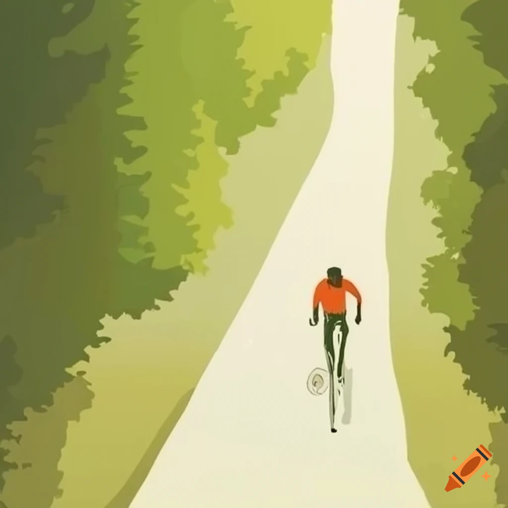 Minimalist drawing of two bikers along narrow pathway with trees on Craiyon