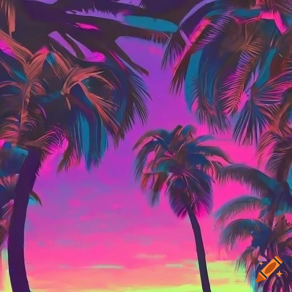Digital art painting with a vaporwave retro theme and palm trees in ...