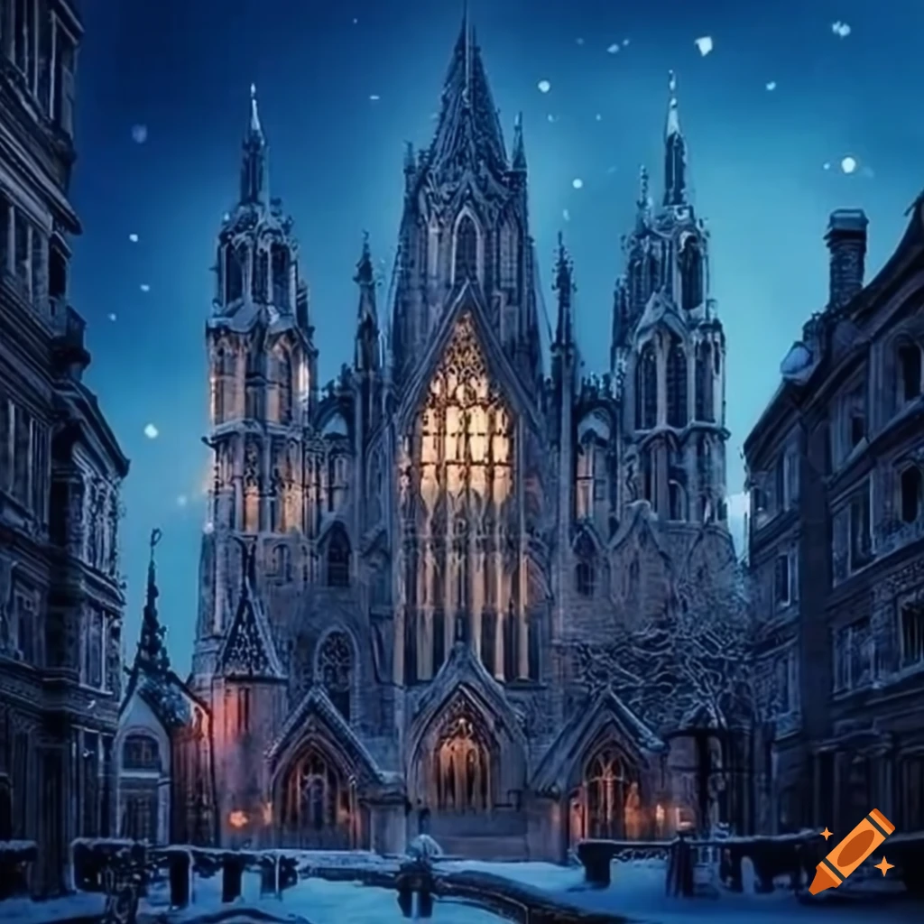 Massive city, gothic architecture, Christmas themed, light snow, soft ...