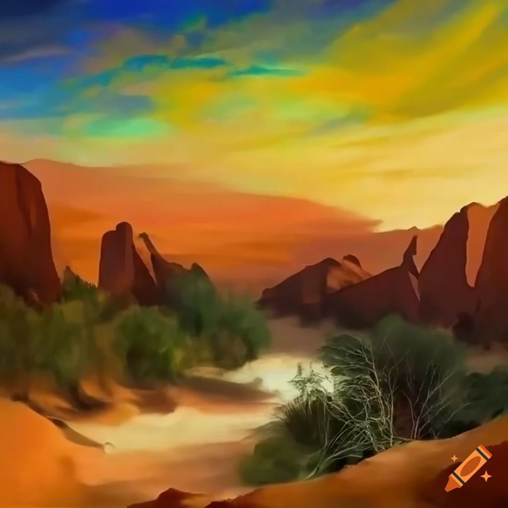 Seen from afar from the desert an oasis with a beautiful native forest ...