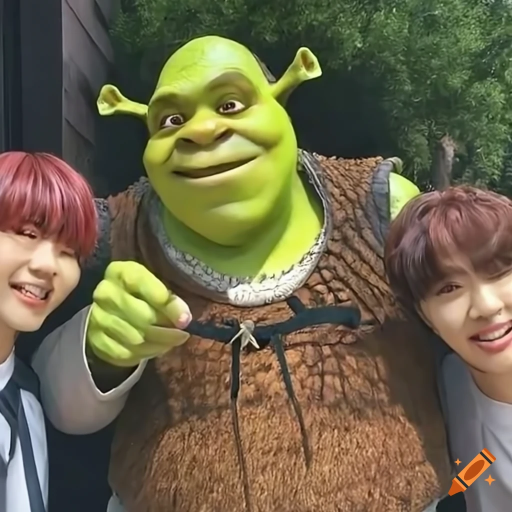 Bts members hugging shrek at universal studios on Craiyon