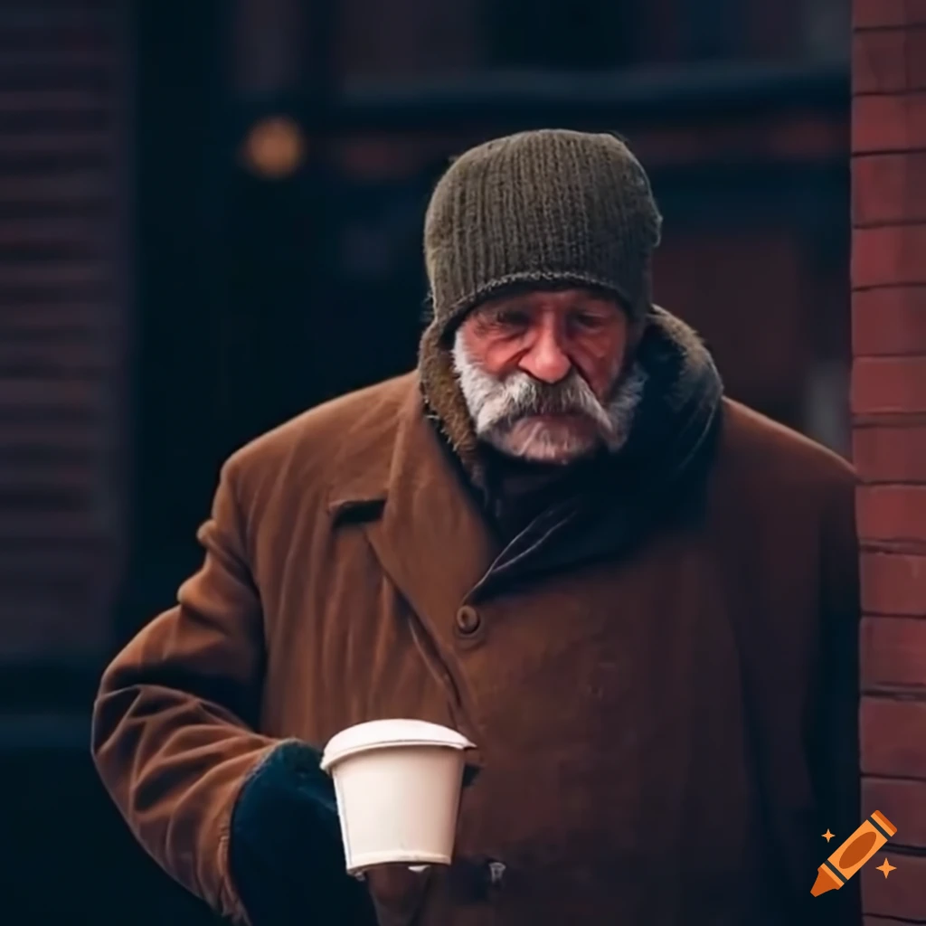 A tired old man walking the streets of New York with coffee in his hand ...