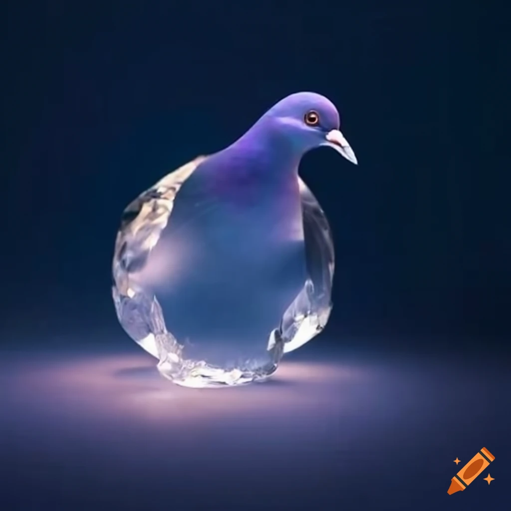 A crystal sculpture of a pigeon with god rays shining through it on Craiyon