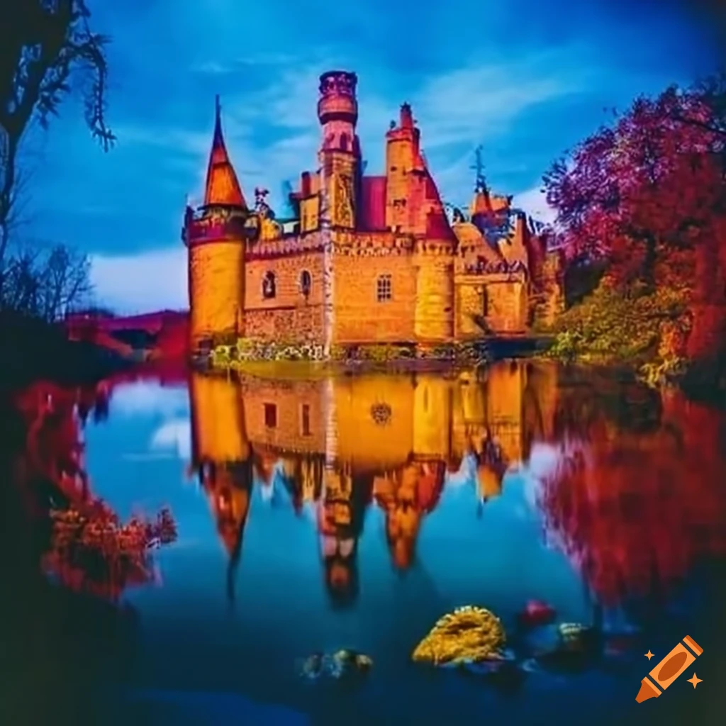 A majestic, multi-colored castle in a mystical setting
