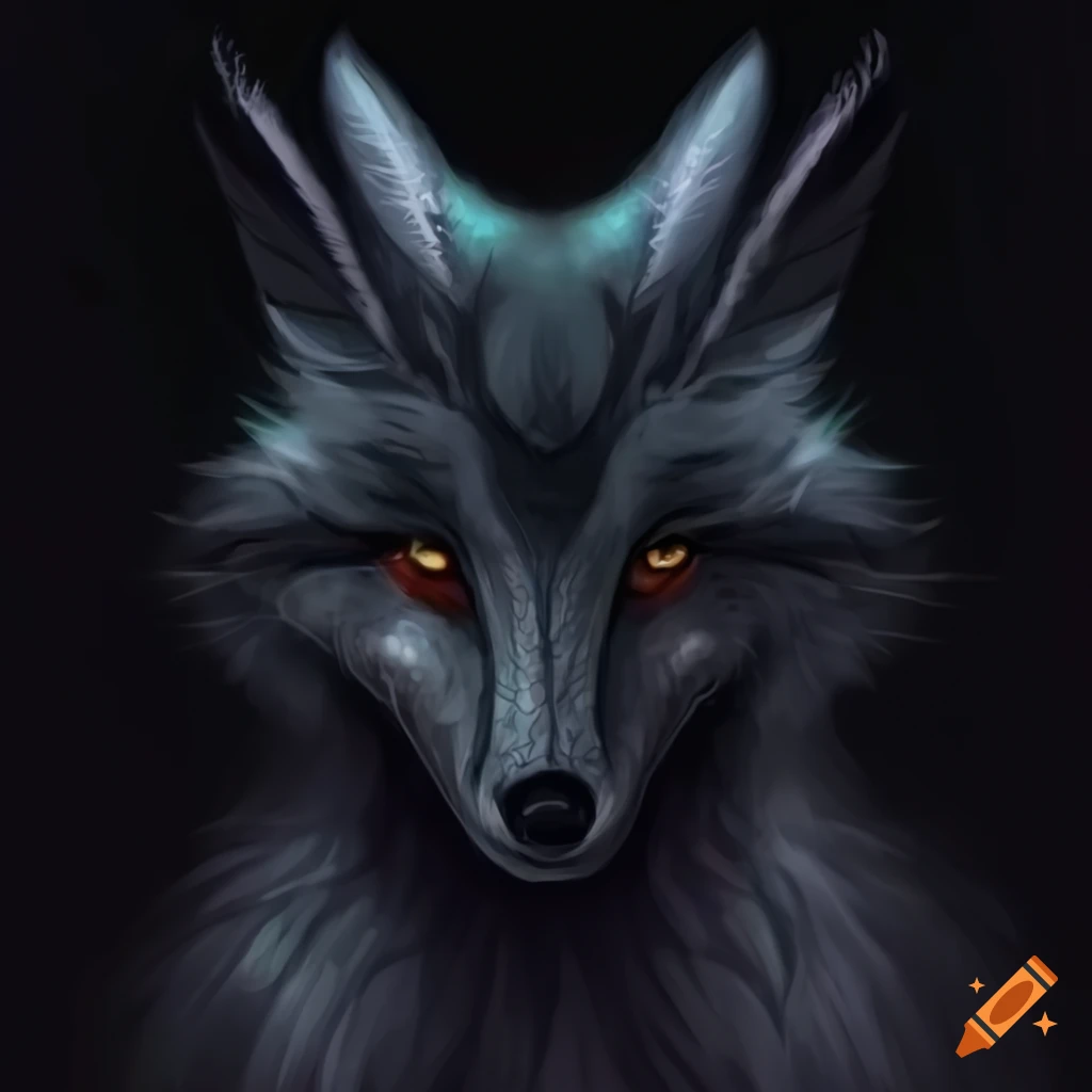 A black feathered dragon fox with abyssal gold eyes