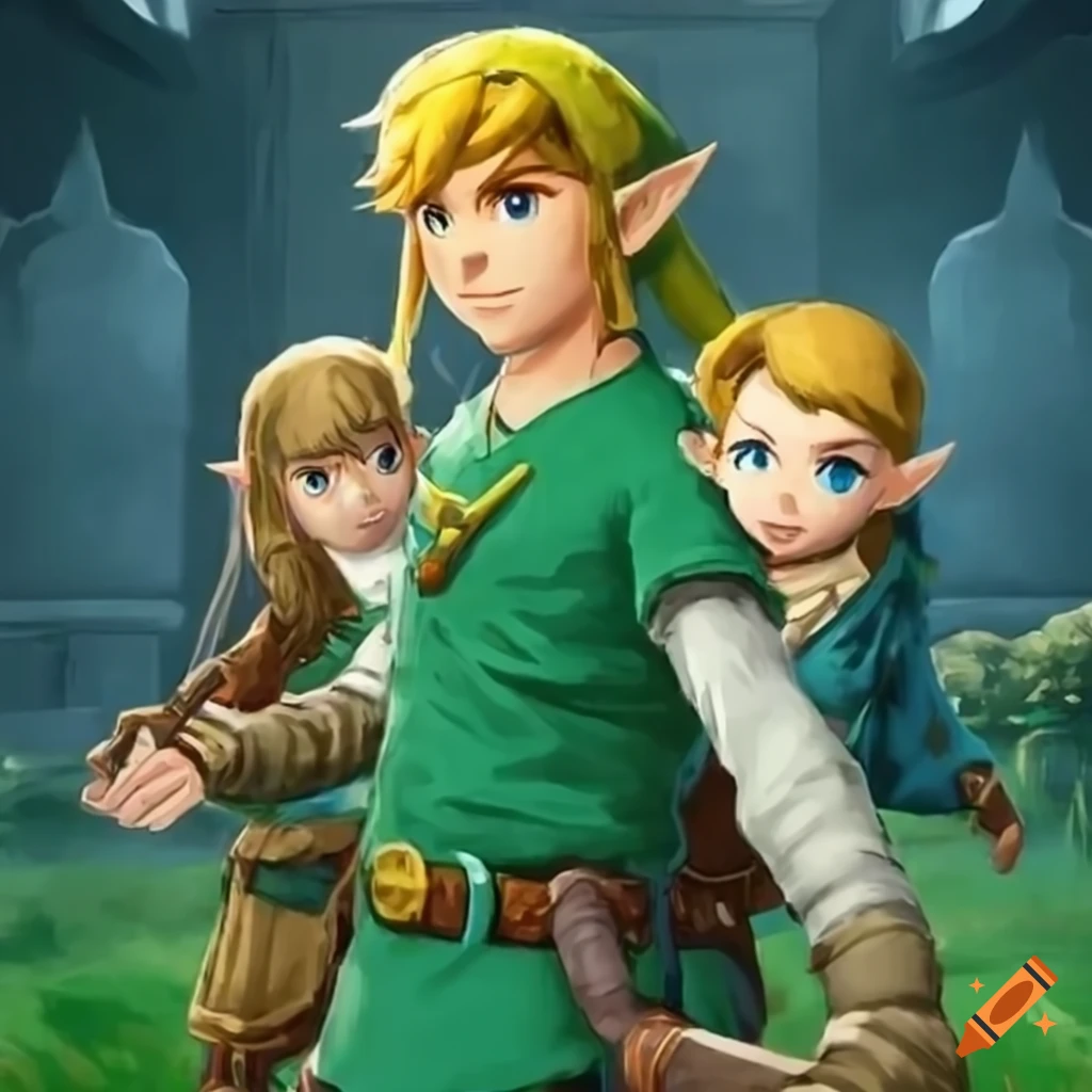 Link, zelda, and their children playing in the hyrule castle garden