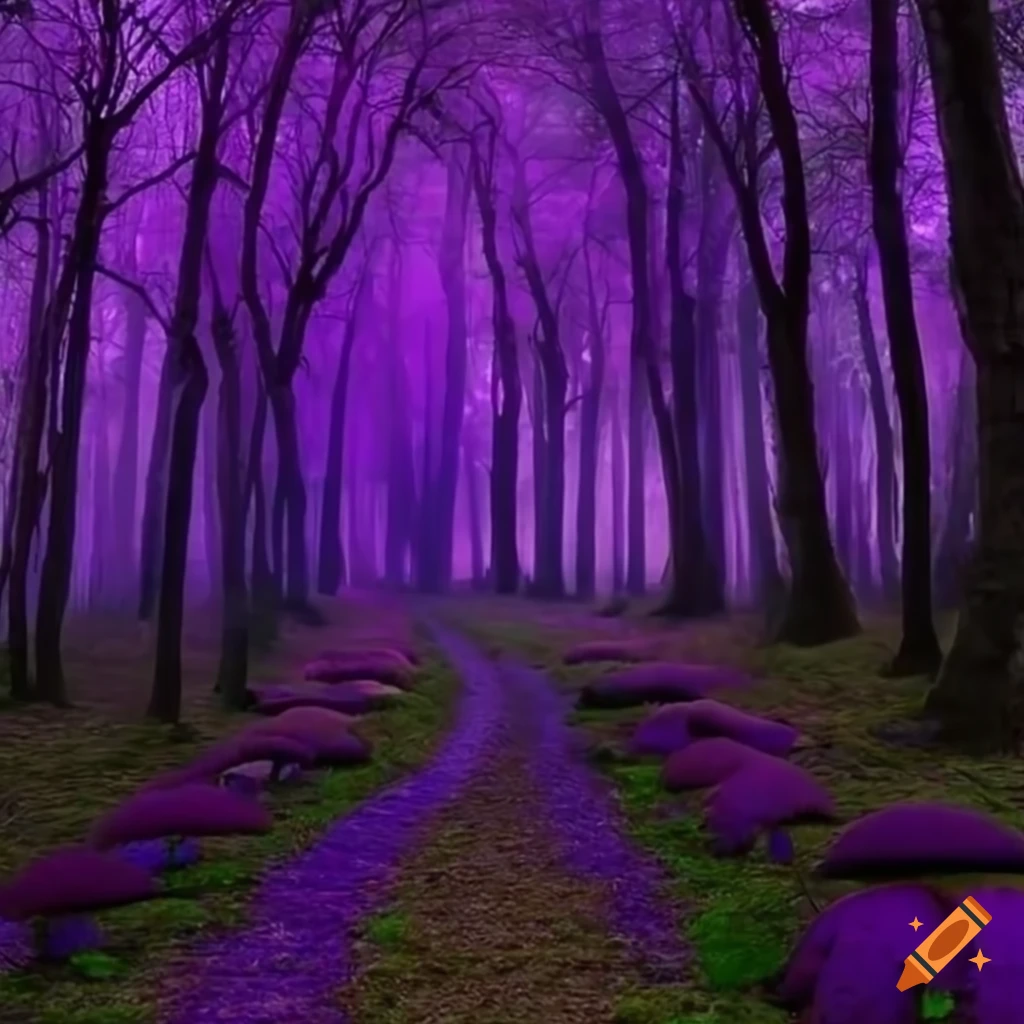 Magical purple forest with glowing trees and giant mushrooms on Craiyon