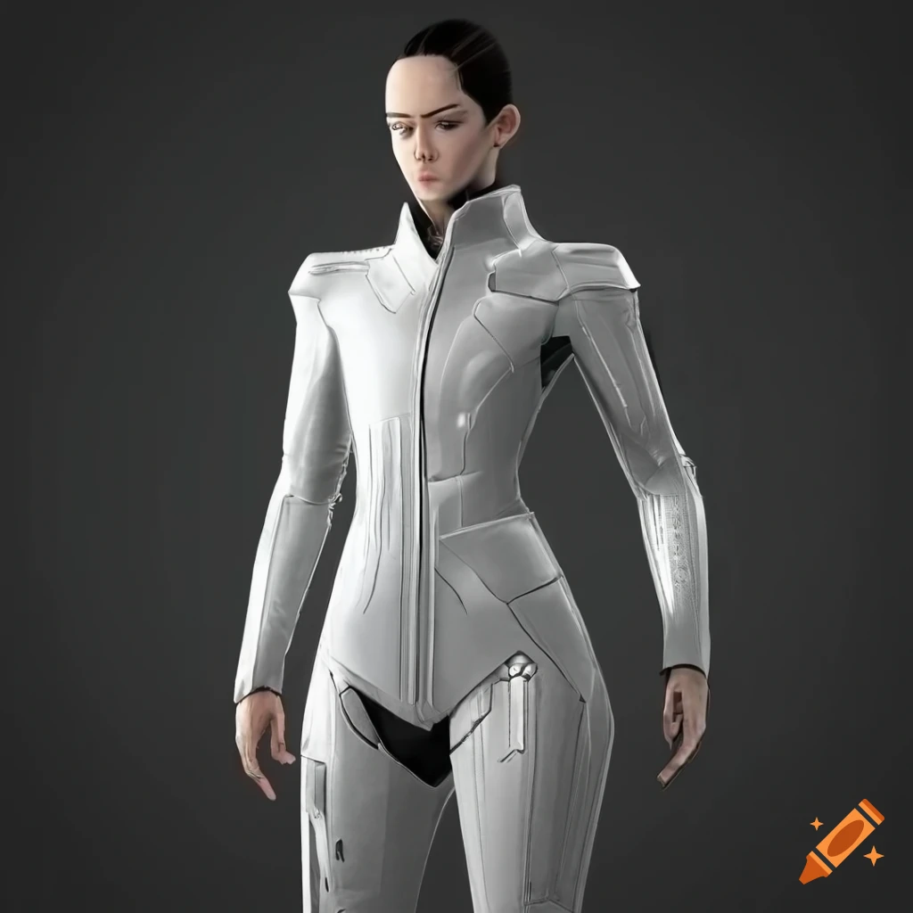 Futuristic jacket, white detailed light armour, sleek, art deco, front ...