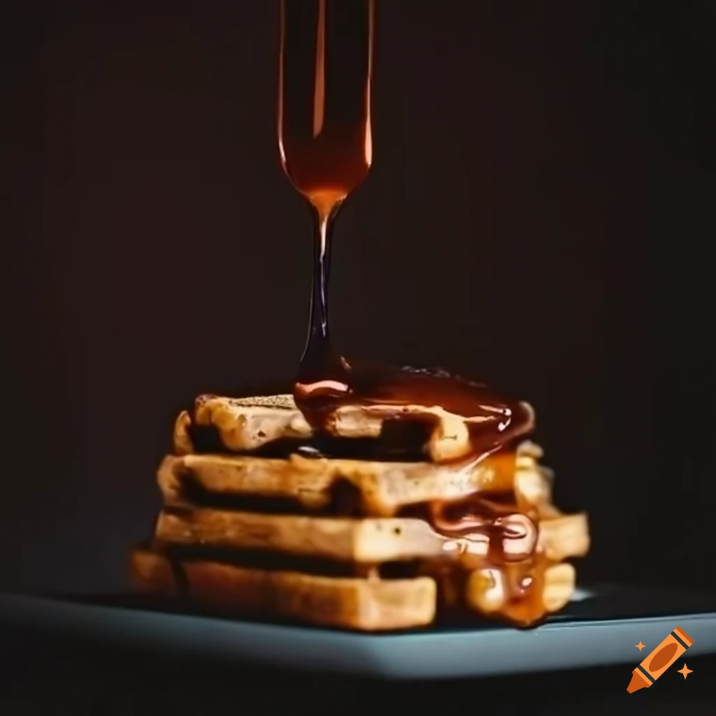 Square waffles with maple syrup pour from the top
