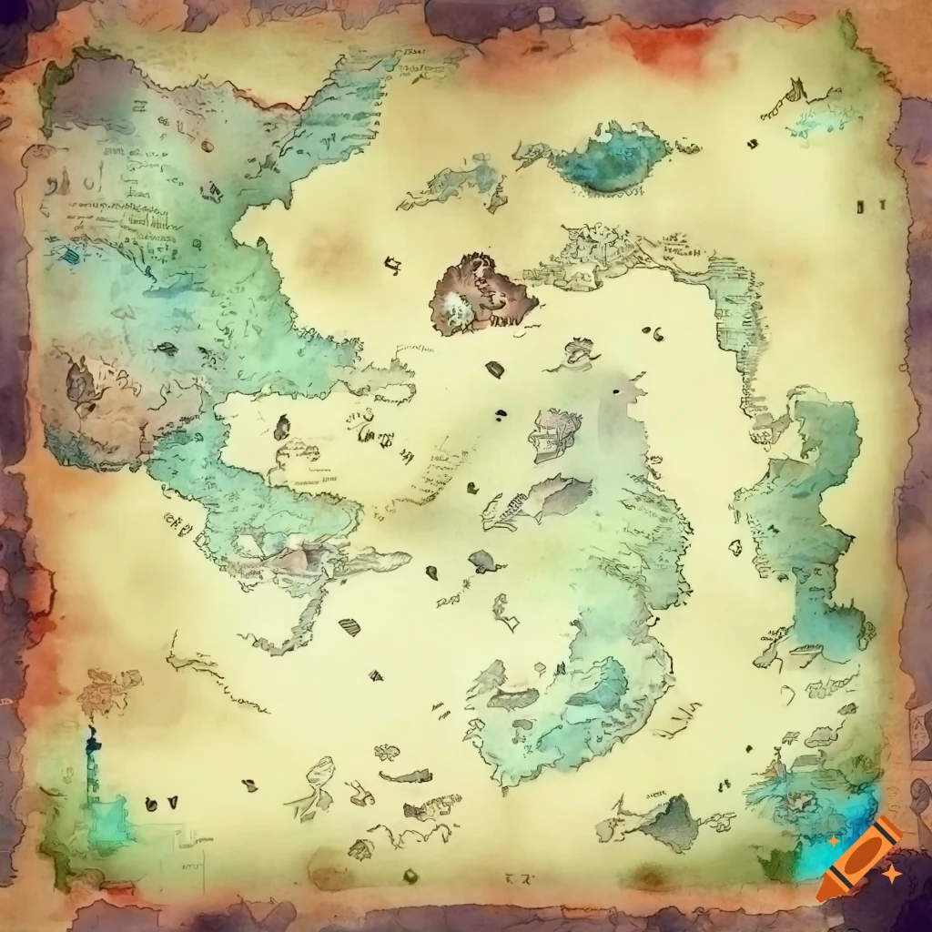 An illustrated fantasy map with rich details on Craiyon