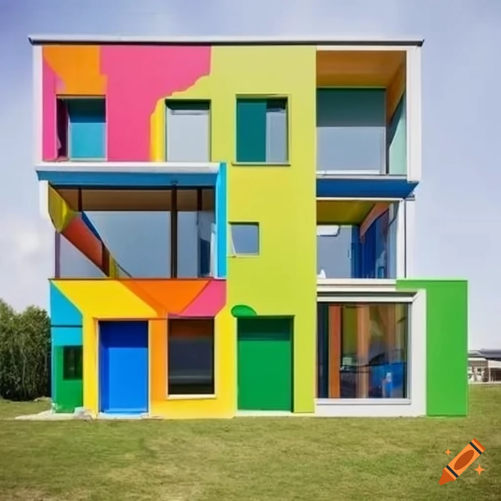 Modern house with colorful facade and playground