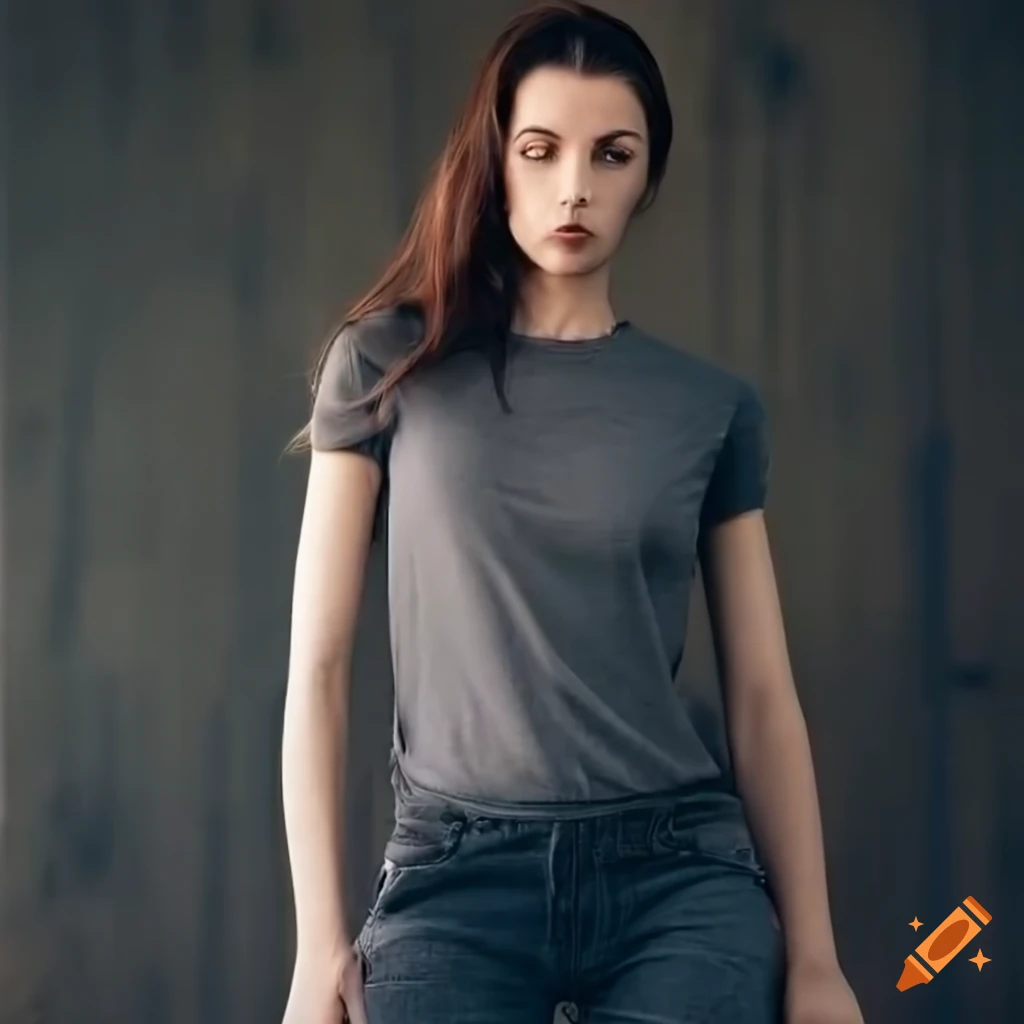 Dark grey tshirt mockup, female model, photoreal, facing camera ...