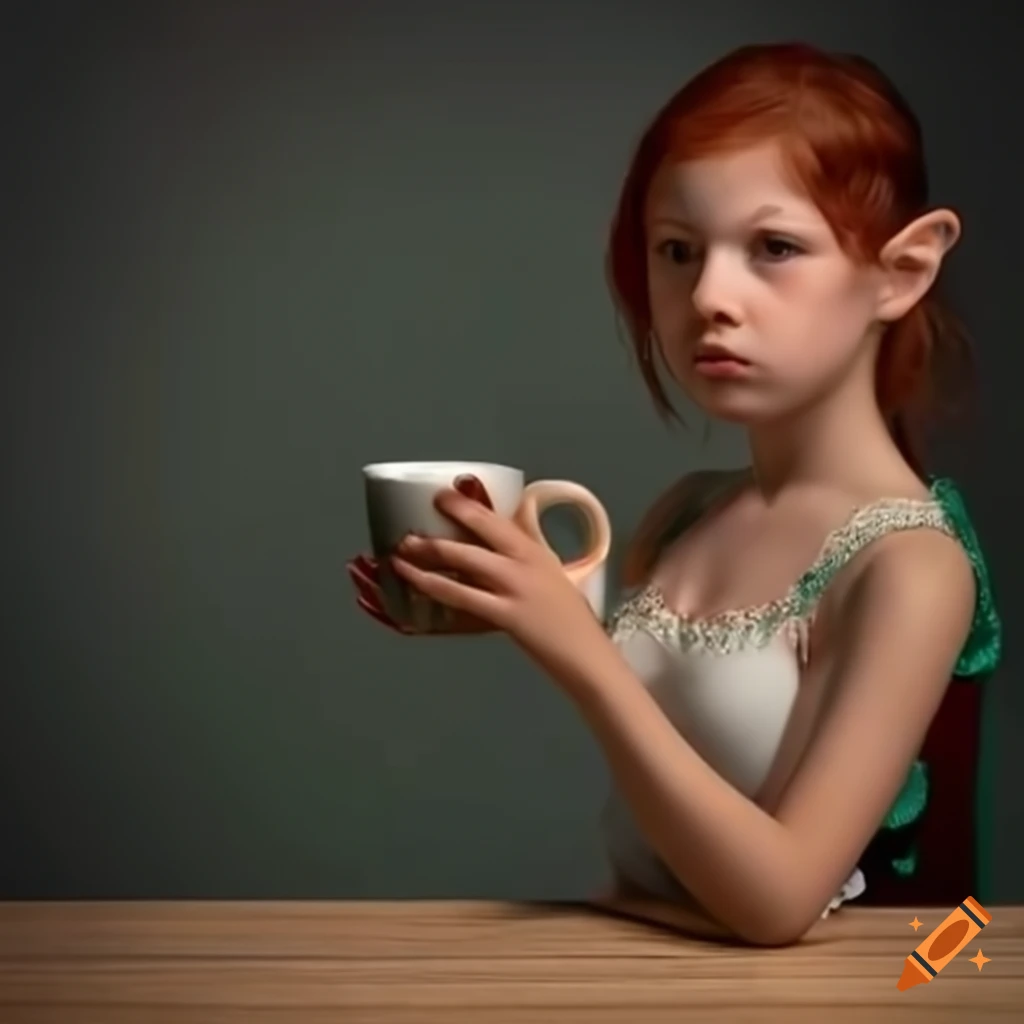 An elf girl sitting on top of a table holding a mug