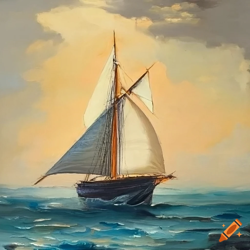 An oil painting of a sailboat with multiple very small sails pointing ...