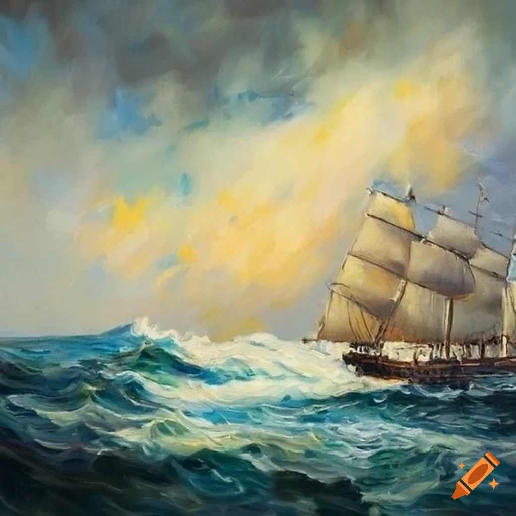 Impressionist painting of a small sailling ship on the high seas during ...