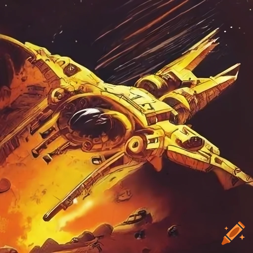 70s sci fi yellow wing attack art