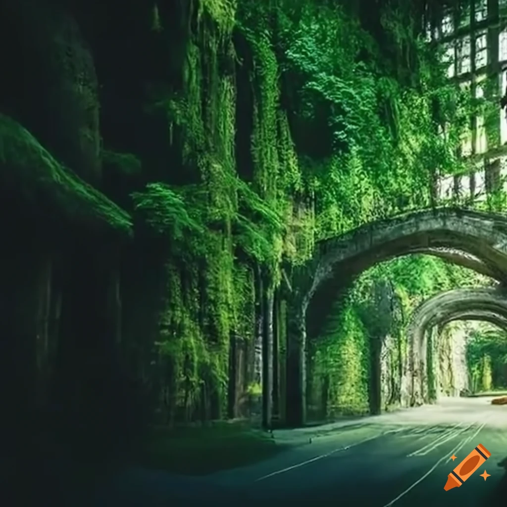 Tall building filled with vegetation, that is engulfed in nature