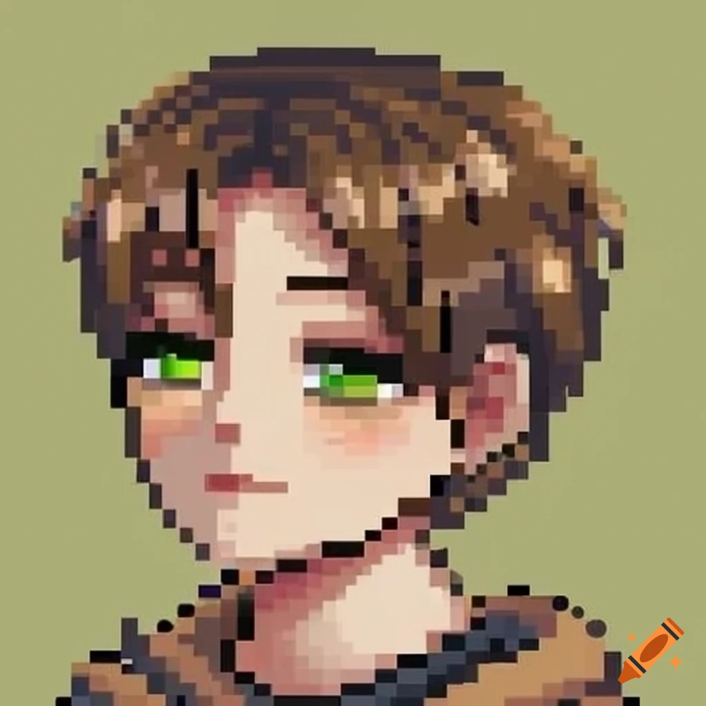 Brown short to medium hair, green eyes cute male pixel art