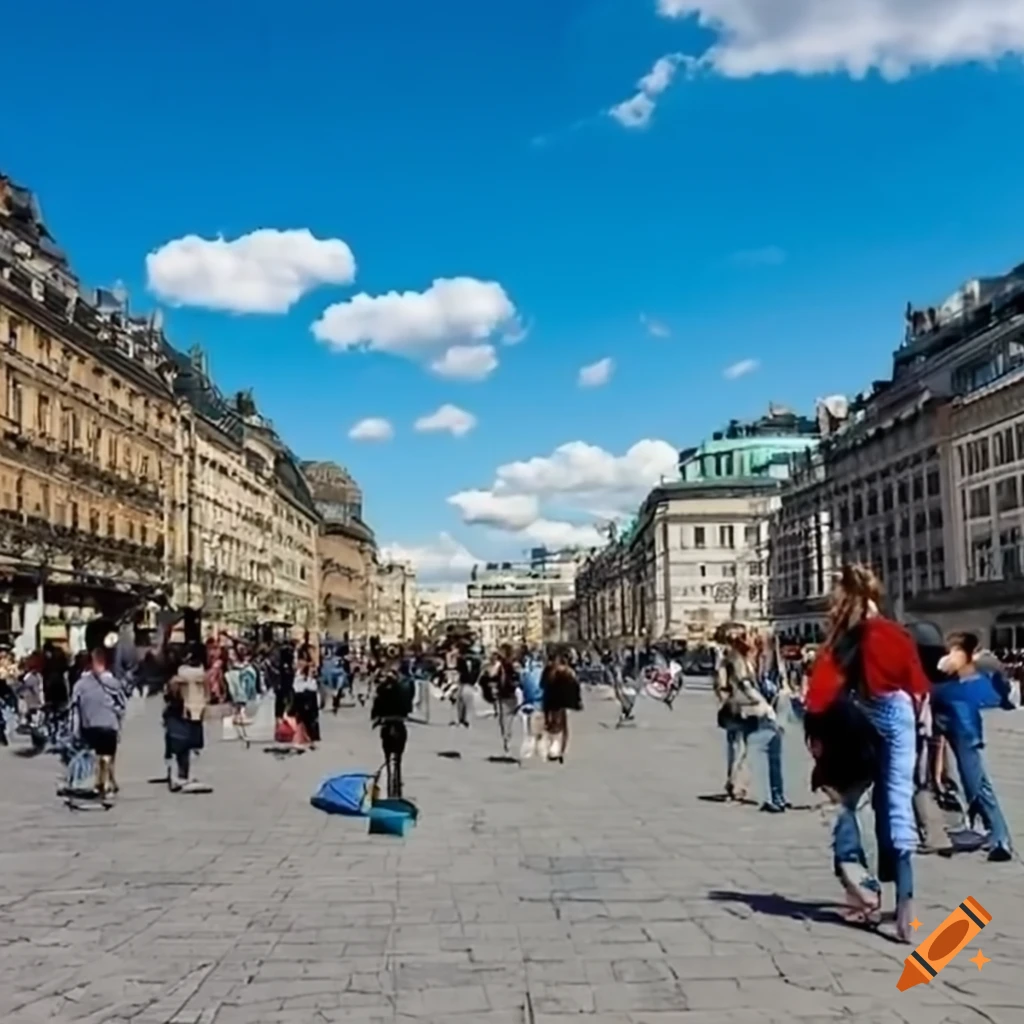 City square, many people, bicicle, many shops, day, sunny