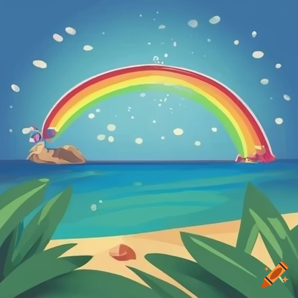 Cartoon beach with rainbow water on Craiyon
