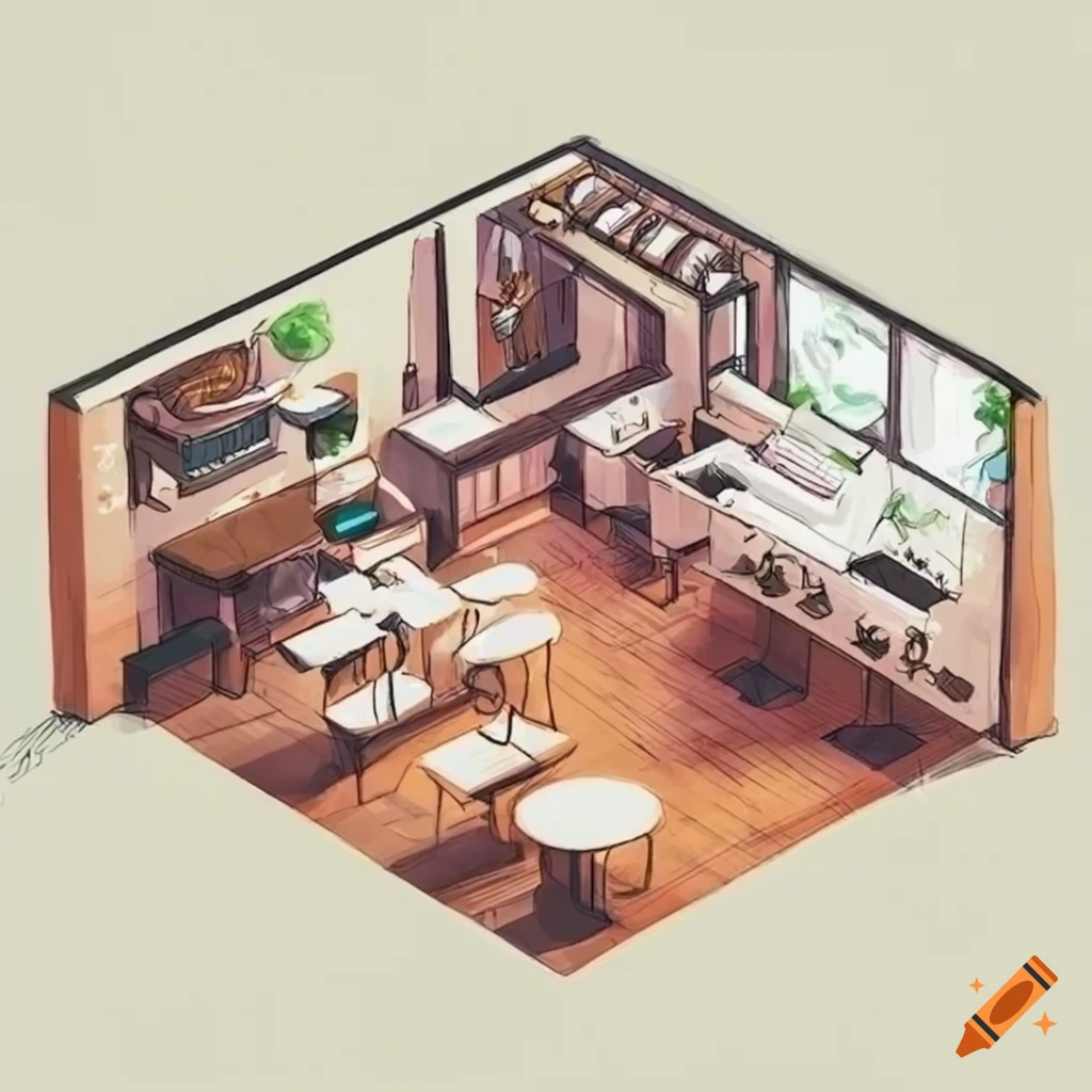 Isometric floor plan of a modern cafe with efficient space usage on Craiyon