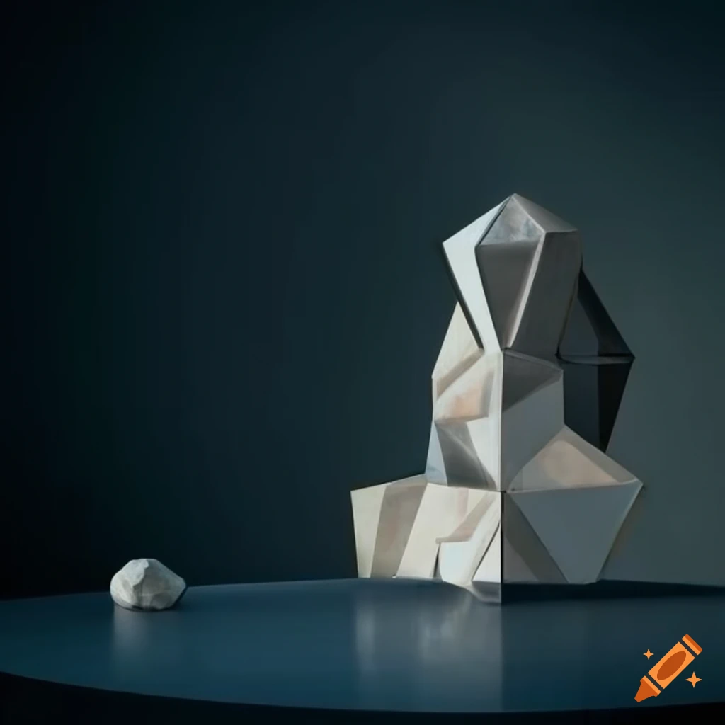 A surreal dalinian landscape with mirrored geometric marble sculptures