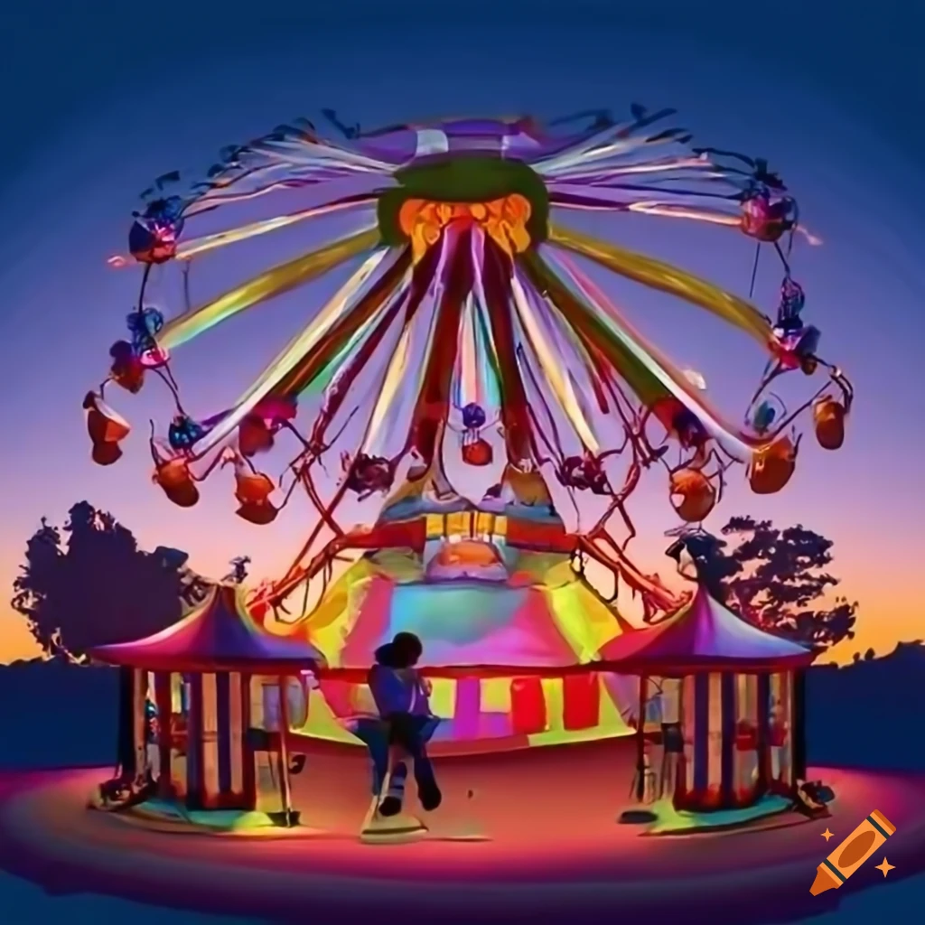 A realistic picture of a carnival with various attractions and kids ...