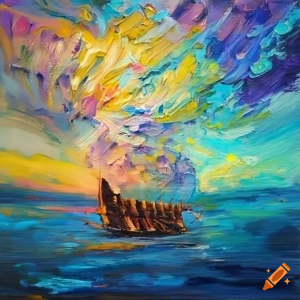 Thunderous seas, ancient galley ship, angelic light from above ...