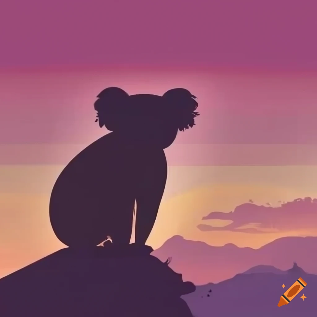 Silhouettes of a koala and a fox under the sunset sky