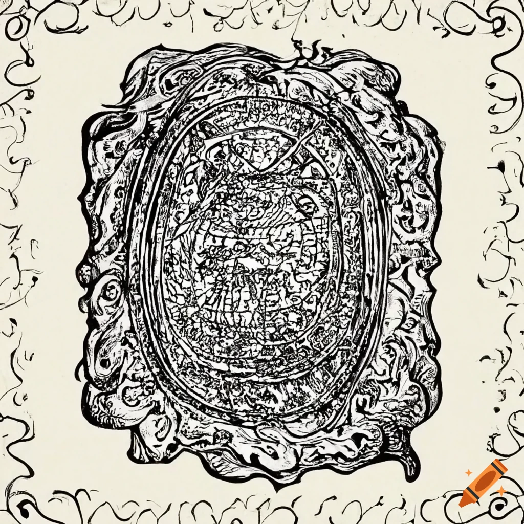 A mysterious page from an ancient old book with calligraphy and ...