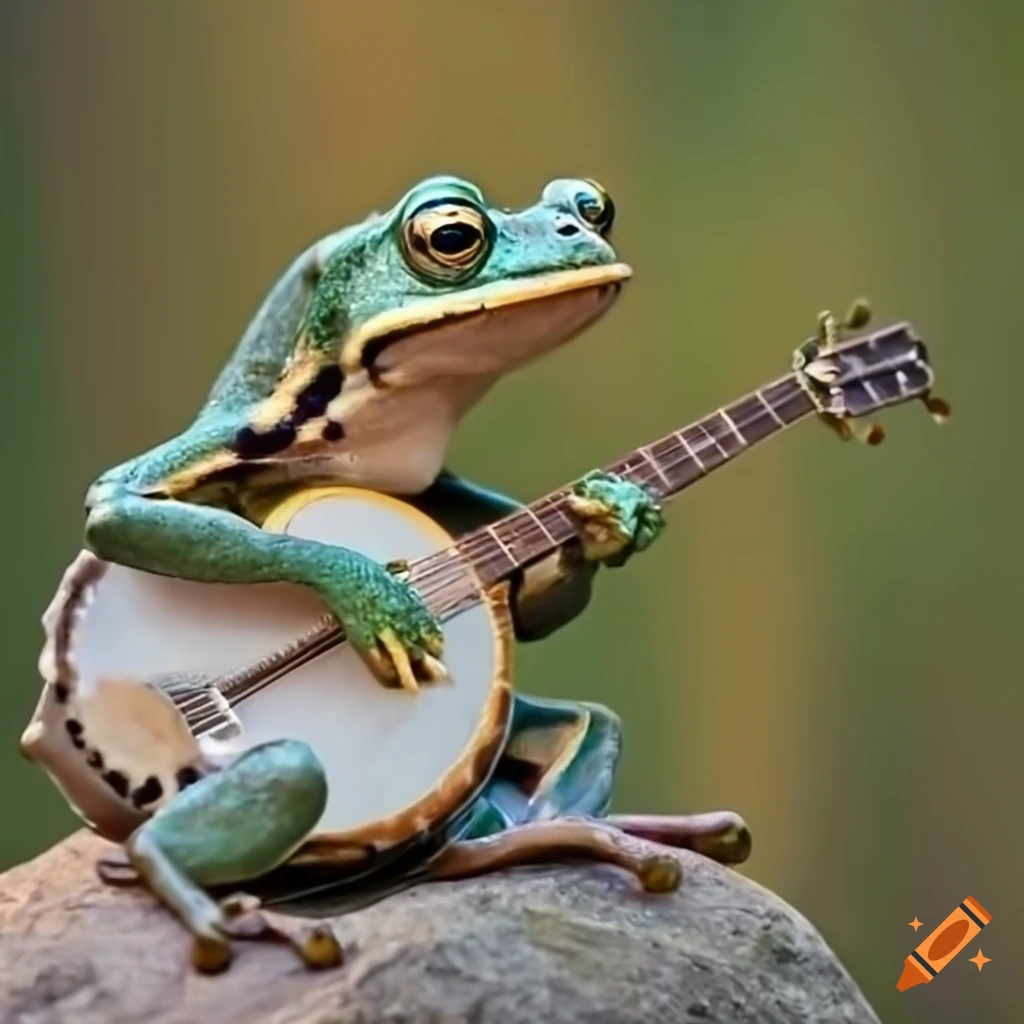 Frog sitting on a rock playing a banjo, sitting on a rock, by a river ...