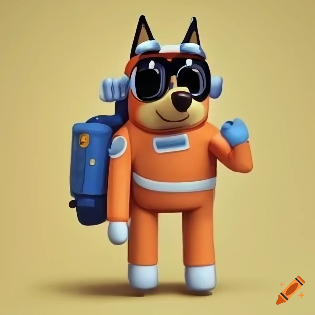 Cartoon astronaut dog, inspired by the bluey series, in an orange suit ...