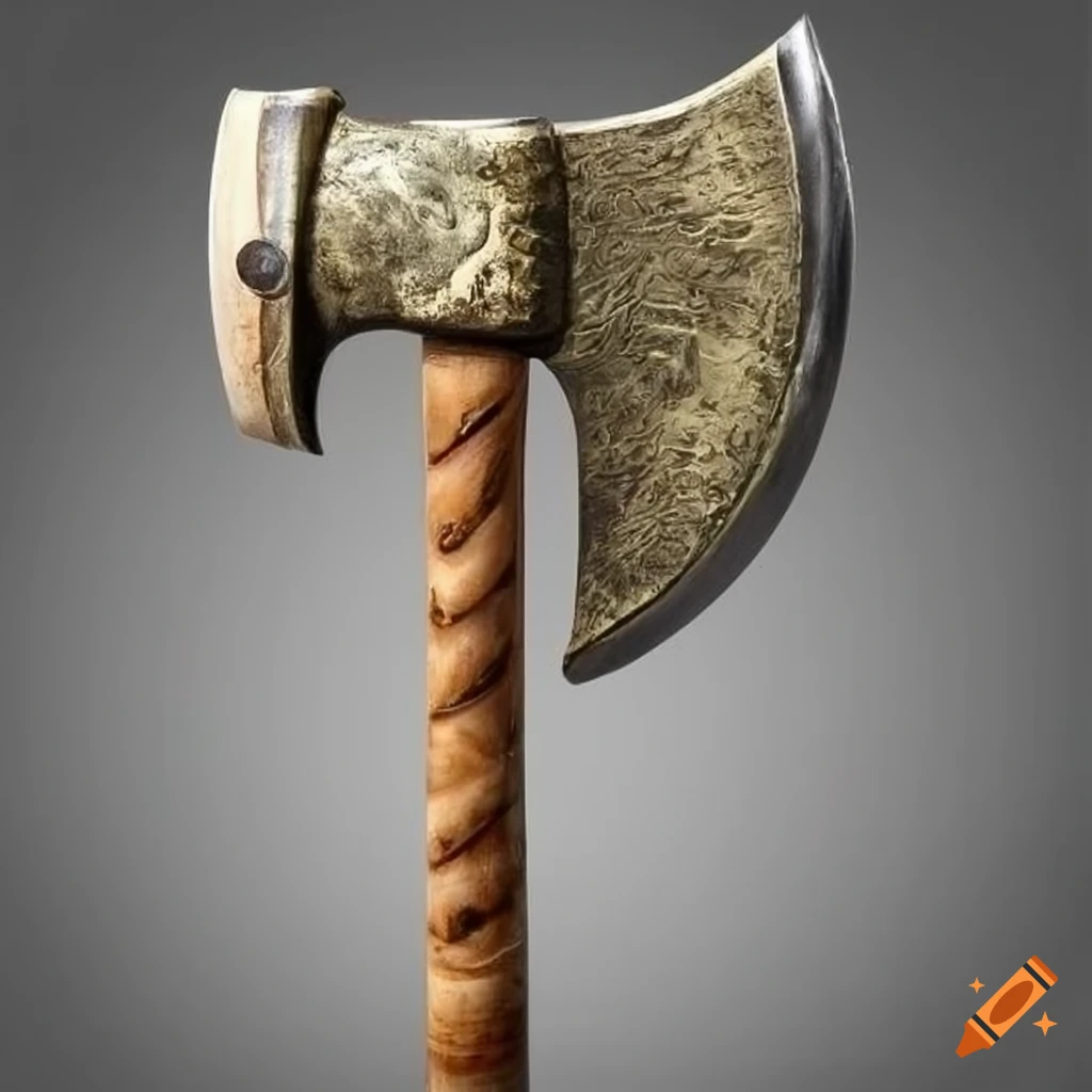 Polished bronze axe with a bone pommel, birch handle, and mace on the back