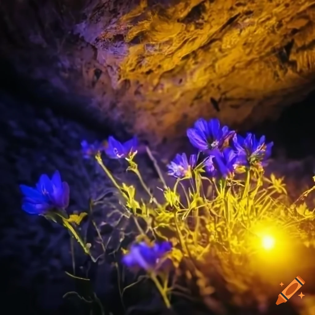 Flowers in a cave with golden light shining down on them on Craiyon