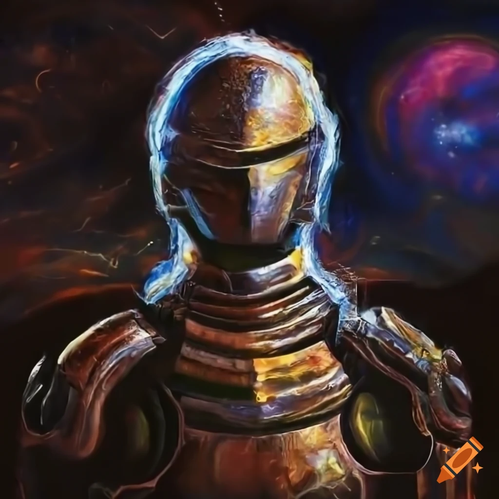 A person in sci-fi armor scanning surrounding landscape on an alien ...