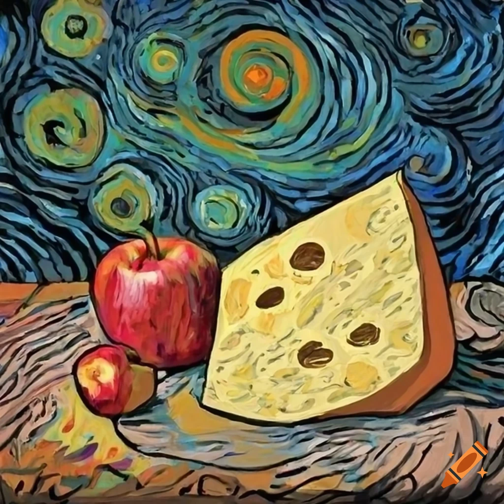 Freshly picked apples and wedge of cheese in van gogh style