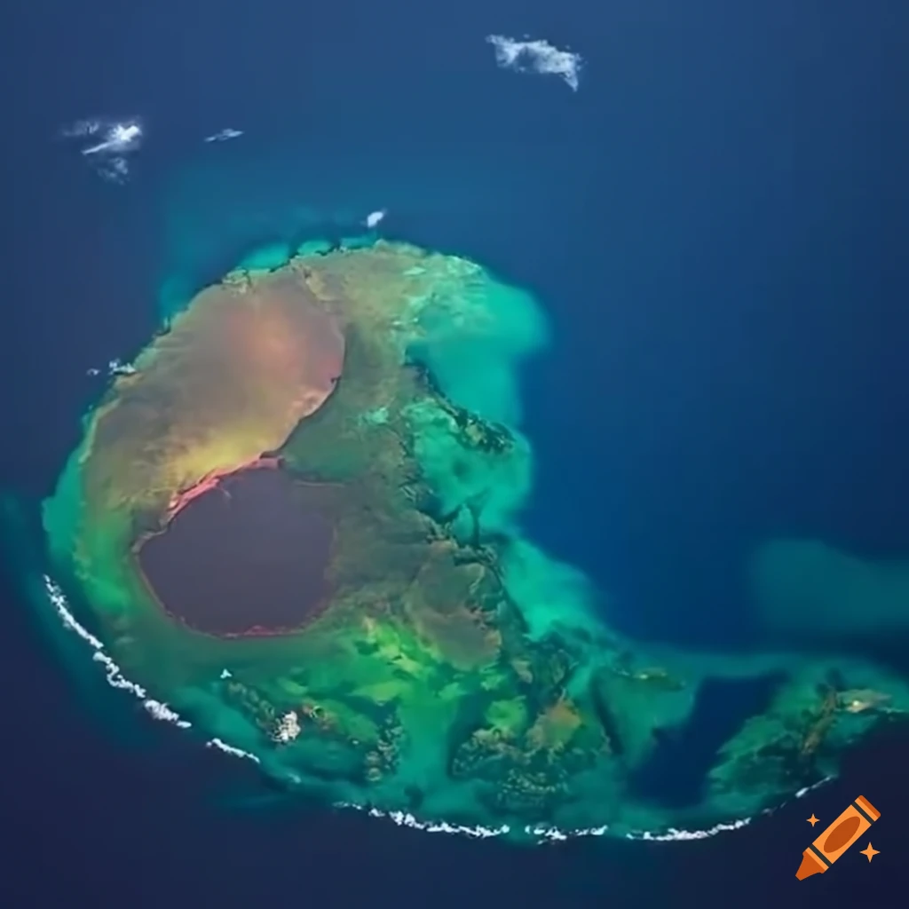 An island with a volcano satellite perspective